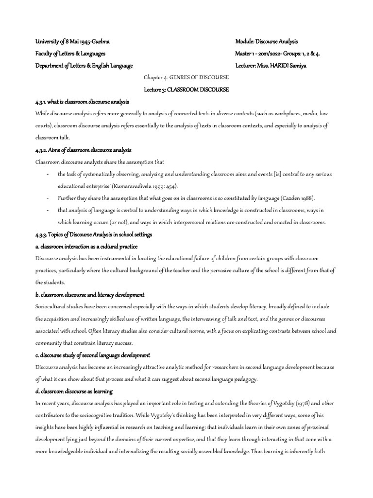 Classroom Discourse Analysis Overview | PDF | Learning | Discourse