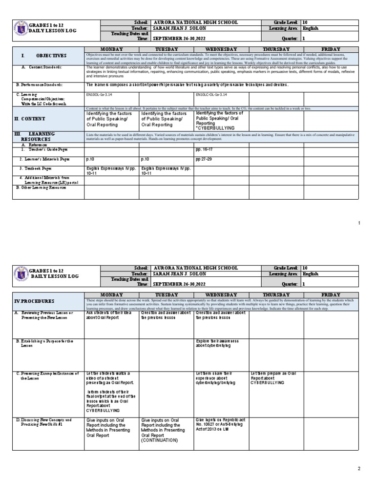 Grade 10 English DLL Q1 2022 2023 WEEK 6 | PDF | Learning | Teaching Method