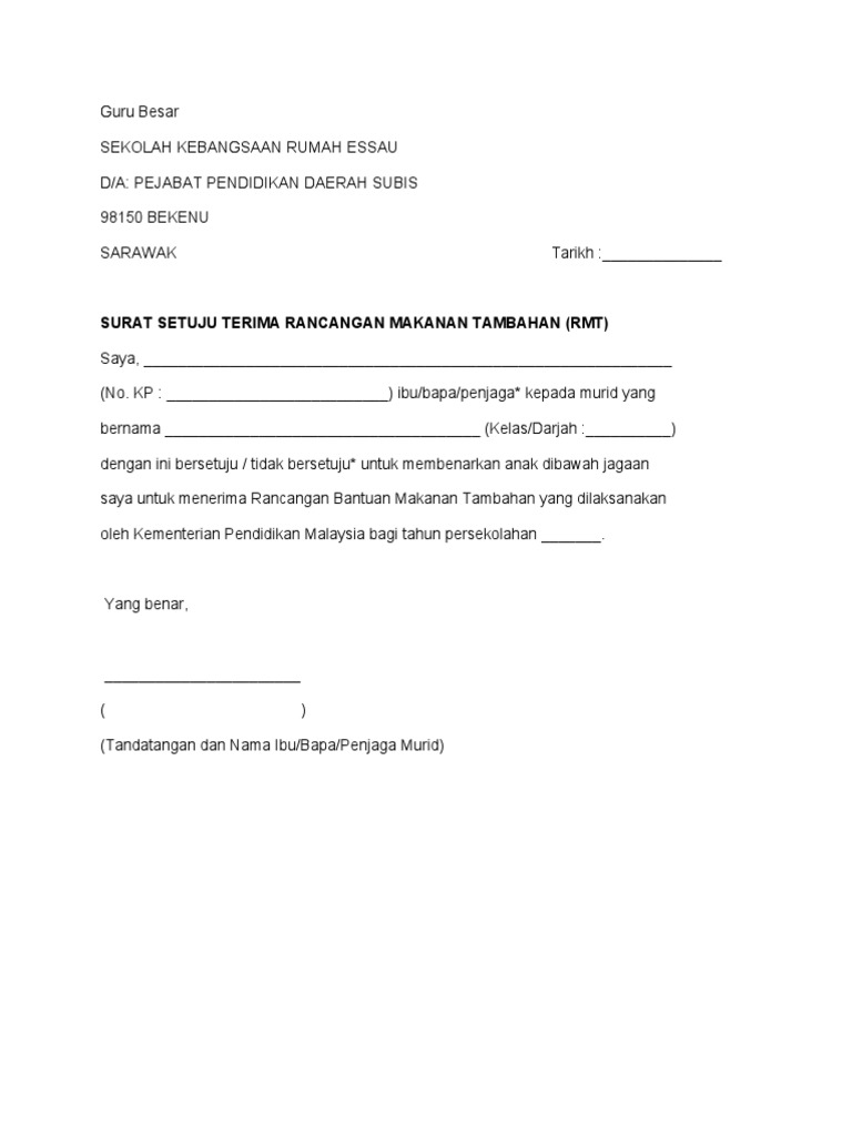 (A2) Surat Setuju Terima RMT (Murid - RMT - 2020) | PDF