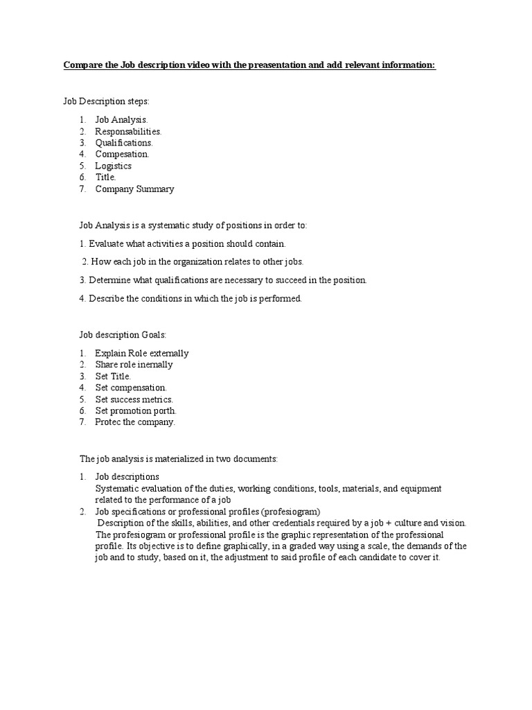 Compare The Job Description Video With The Preasentation and Add ...