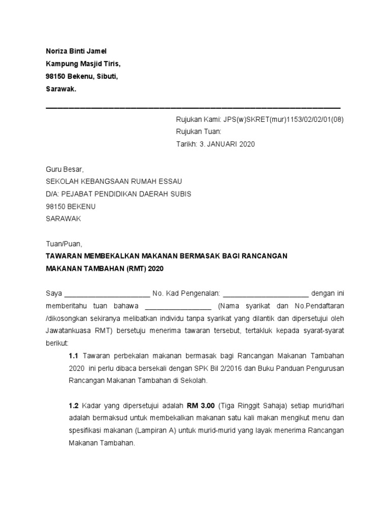 (B2) Surat Setuju Terima (Pembekal - RMT - 2020) | PDF