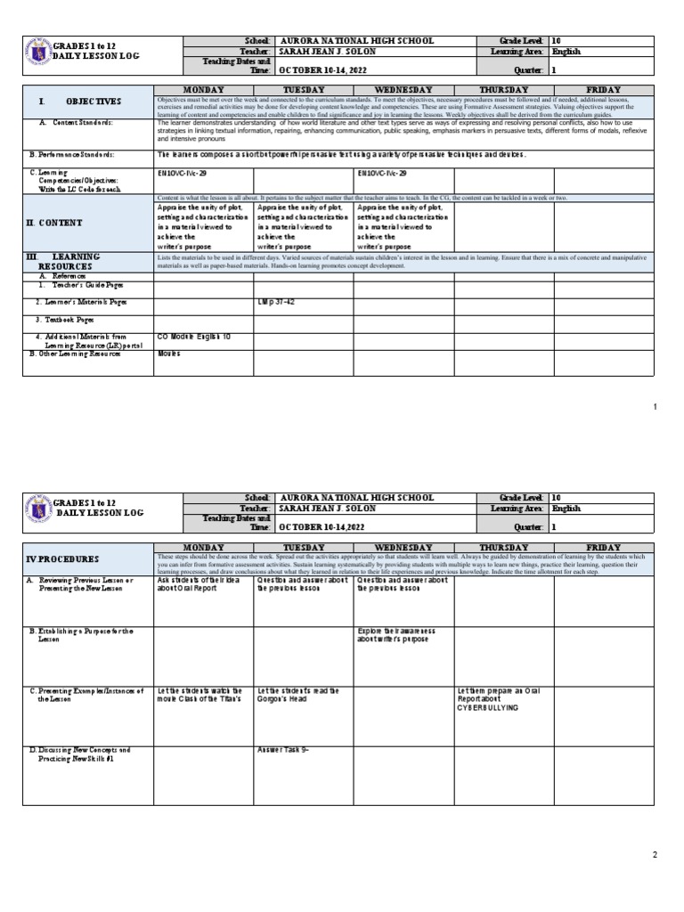 Grade 10 English DLL Q1 2022 2023 WEEK 9 | PDF | Learning | Teaching Method