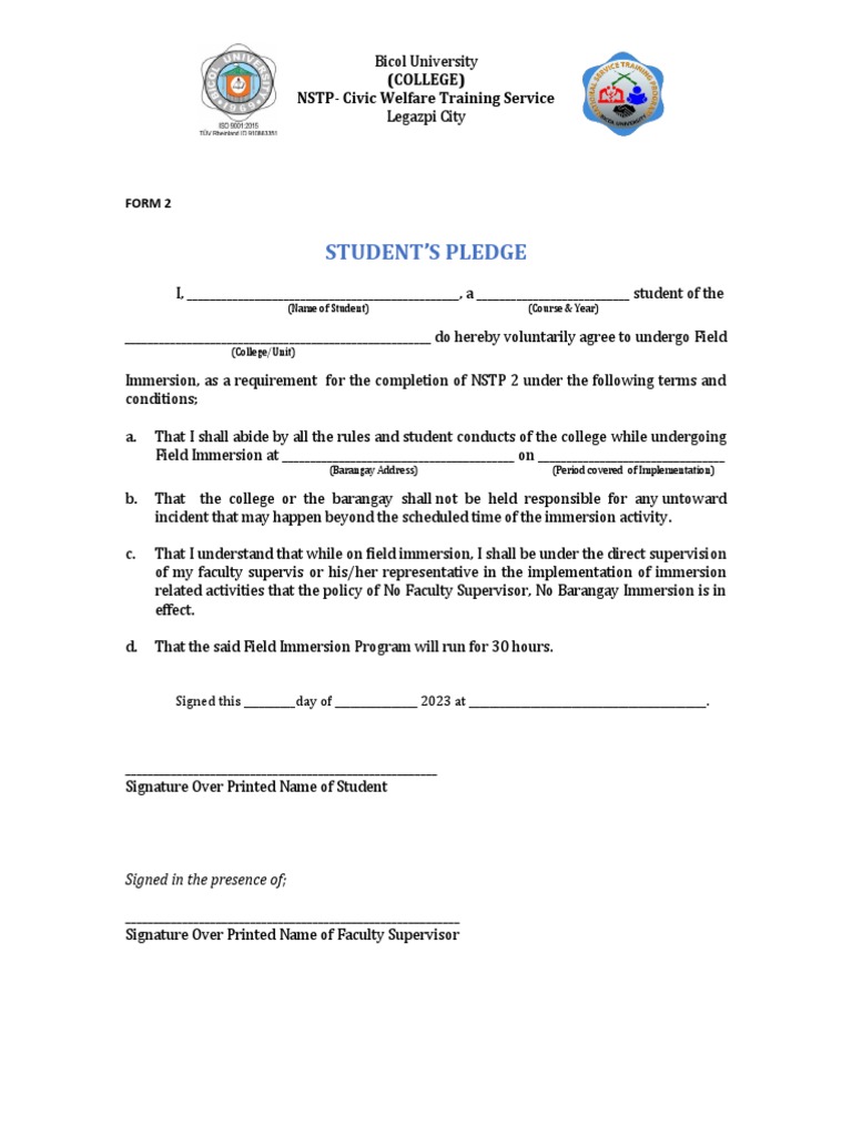 FORM 2 Students Pledge Waiver | PDF