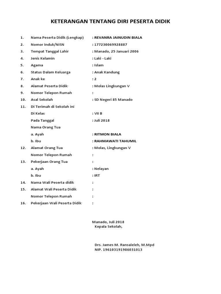 Keterangan Tentang Diri Peserta Didik | PDF