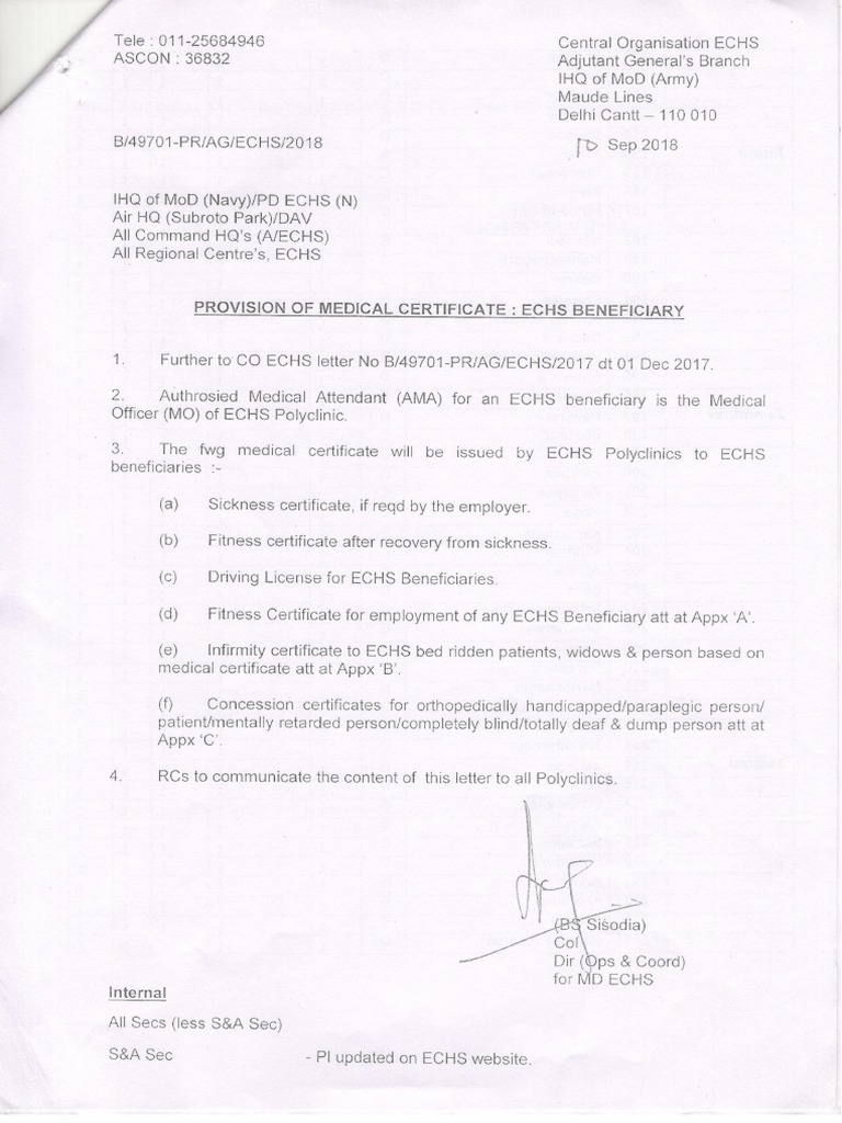 Echs Circular Dated 10.09.2018 - Provision of Medical Certificate Echs ...