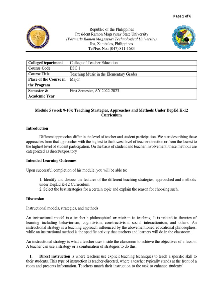 ESC 1 Teaching Strategies Approaches and Methods Under DepEd K 12 ...