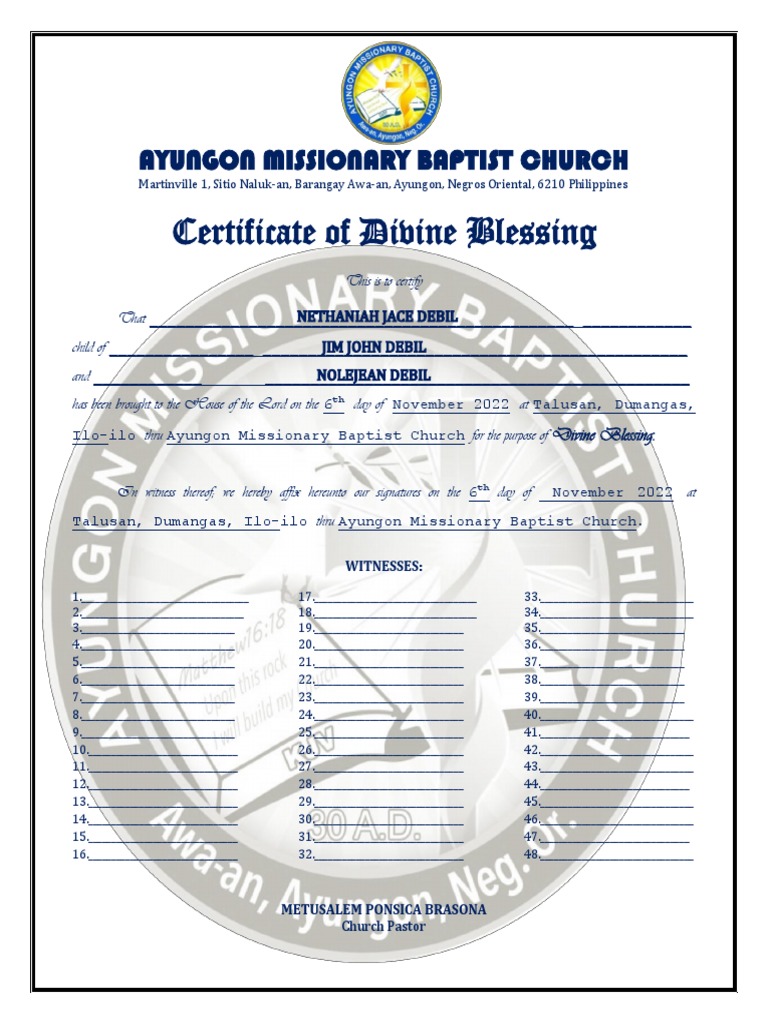 Divine Blessing Certificate For Baby Jace | PDF
