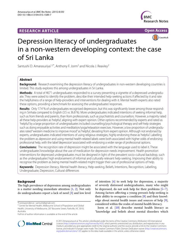 Depression Literacy of Undergraduates in A Non Western Developing ...
