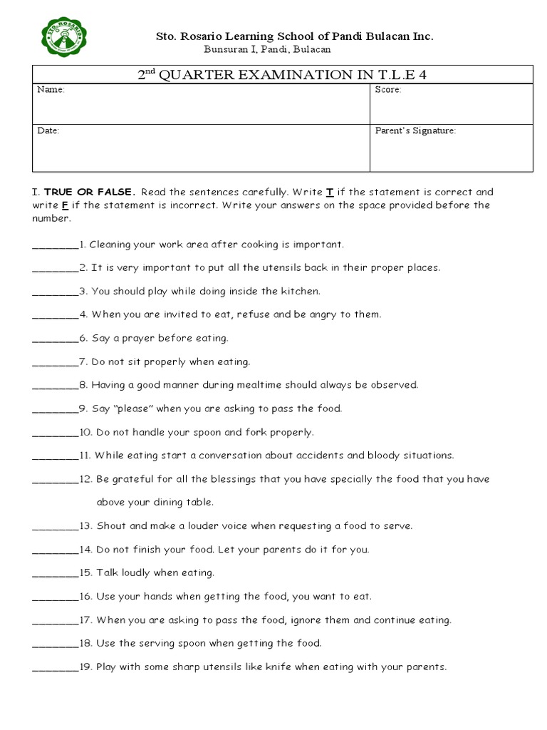 Second Quarter Examination in TLE 4 | PDF | Domestic Implements | Cooking