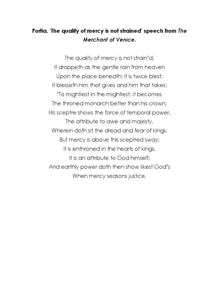 Portia, The Quality of Mercy Is Not Strained' Speech From The | PDF