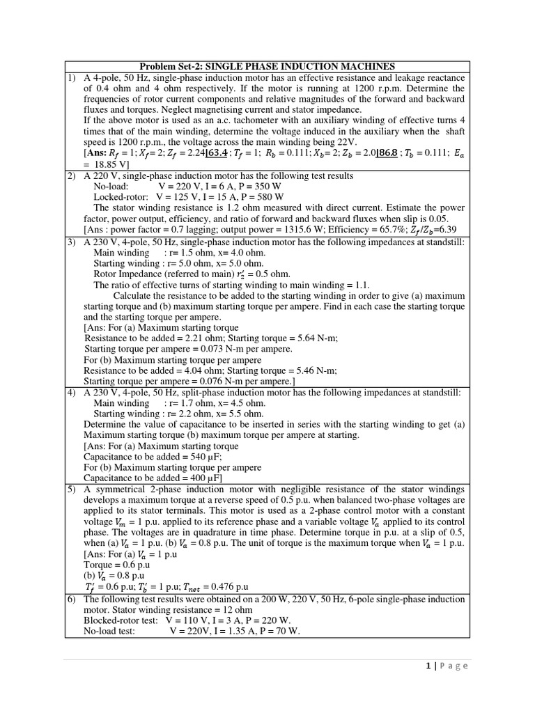 Problem Set On Single Phase Im Pdf Electric Motor Electrical