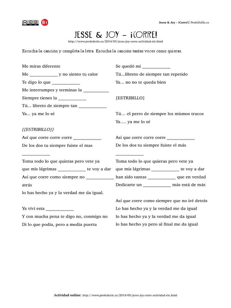 Jesse & Joy - ¡Corre! letra canción actividad ELE | PDF