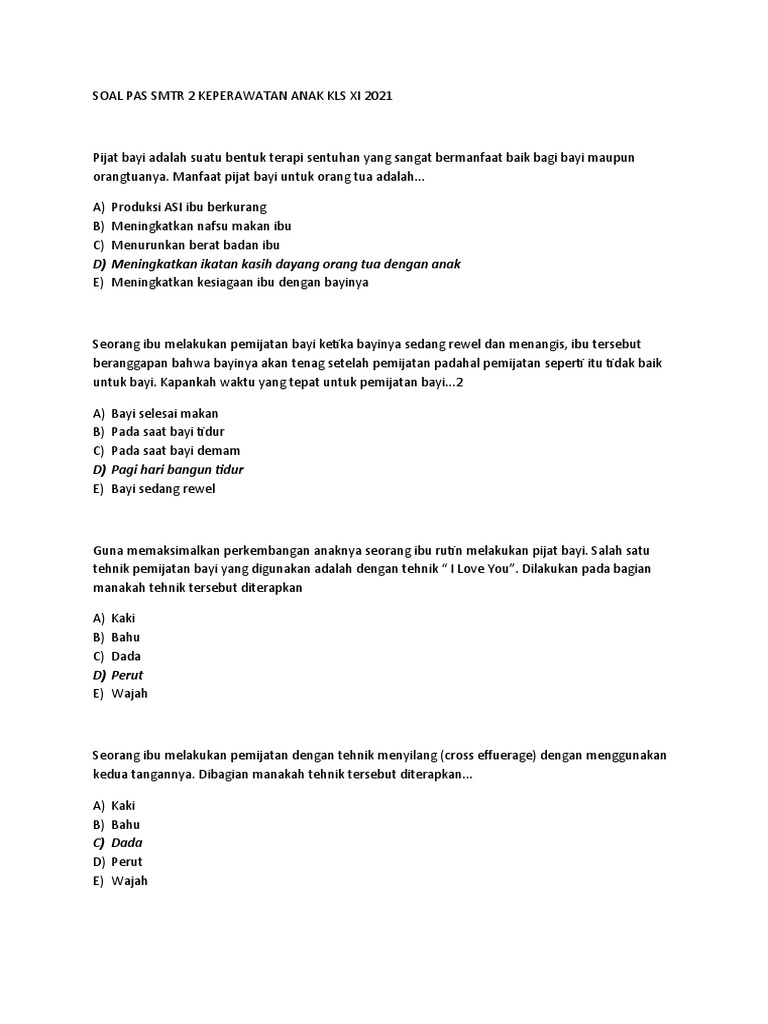 Latihan Soal Pas SMTR 2 Keperawatan Anak KLS Xi | PDF