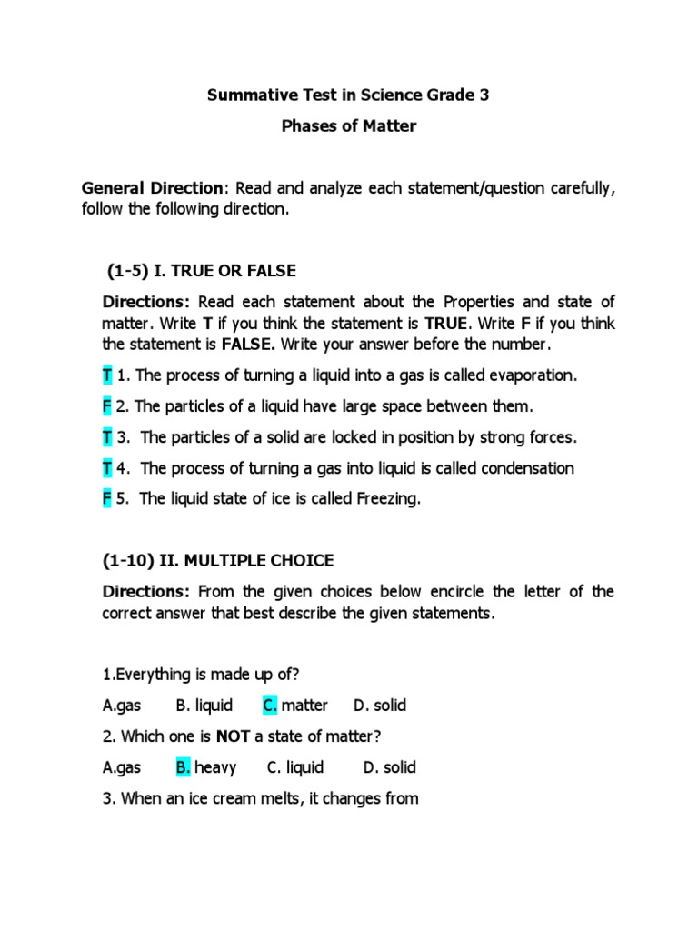 Grade 3 States of Matter Test | PDF | Liquids | Gases