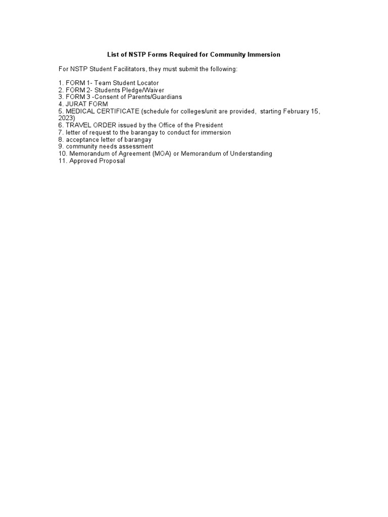 List of NSTP Forms Required For Community Immersio | PDF