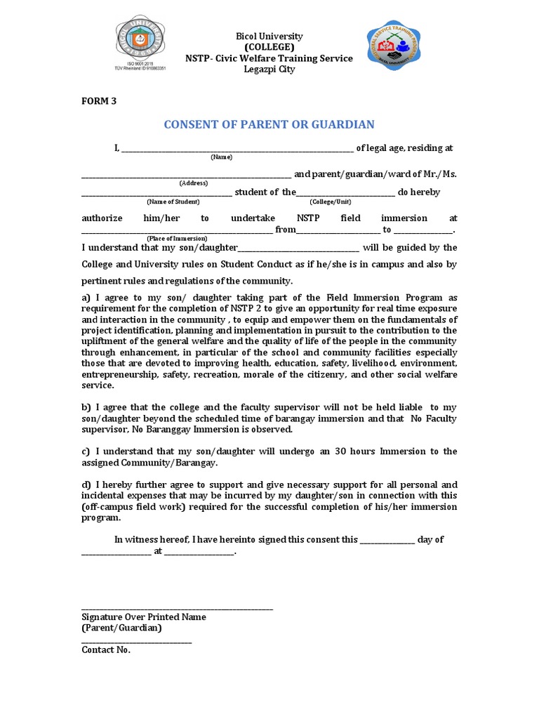 FORM 3 Consent of Parent or Guardian | PDF
