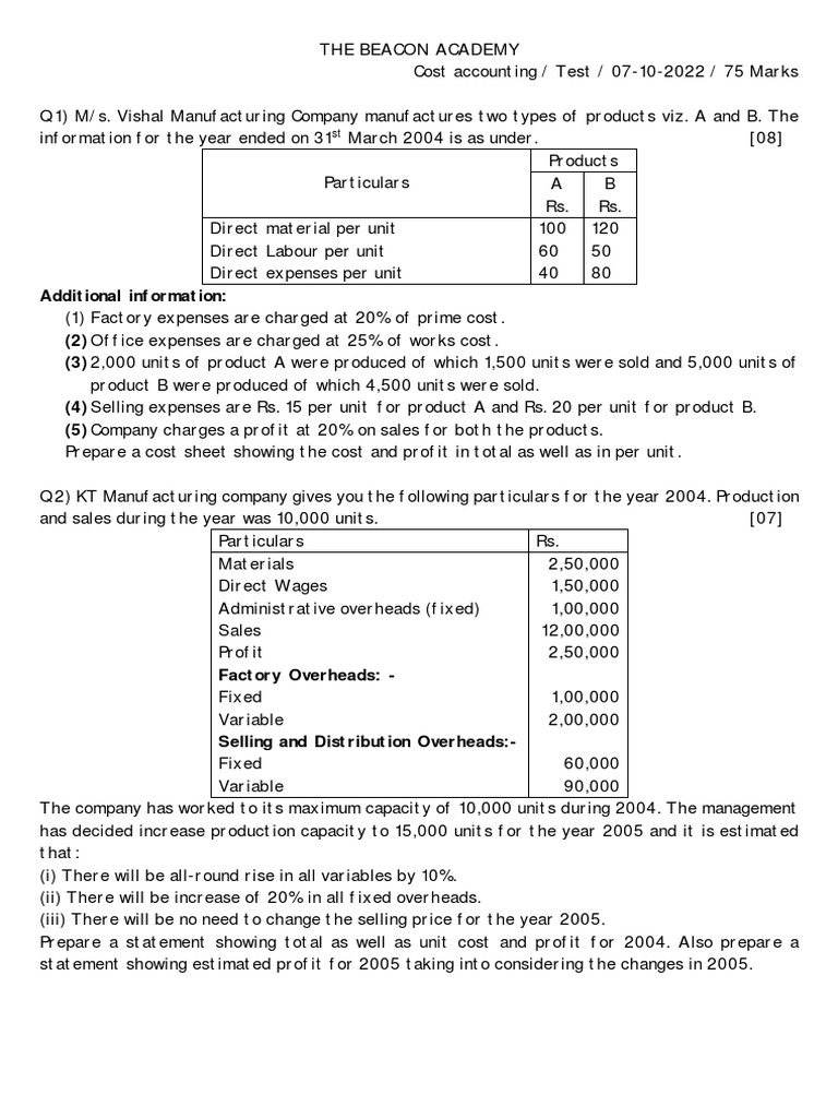 Cost Accounting Test 2 Pdf Cost Accounting Business Economics