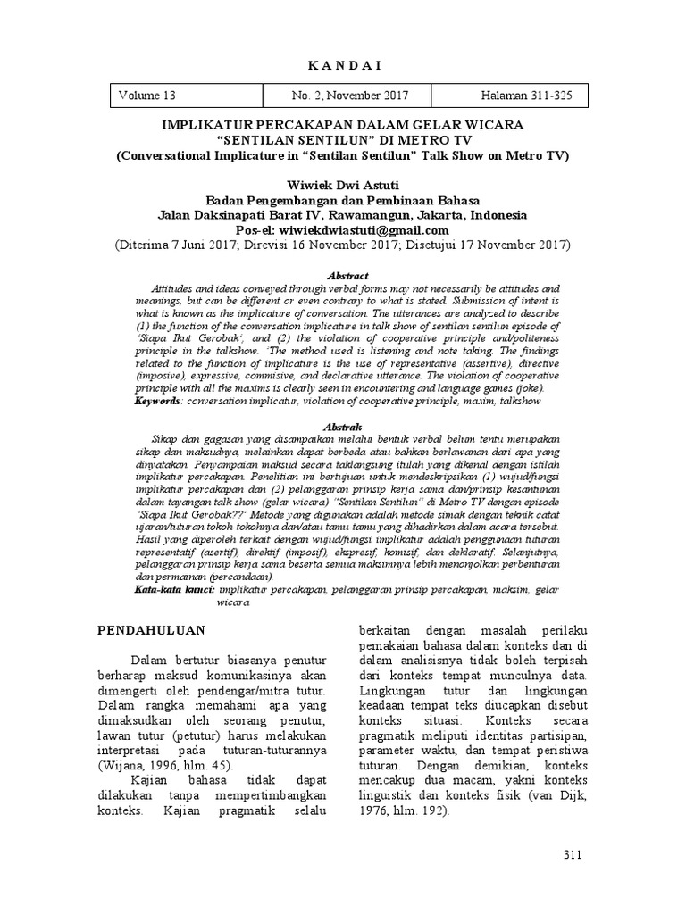 Implikatur Percakapan Dalam Gelar Wicara Sentilan | PDF