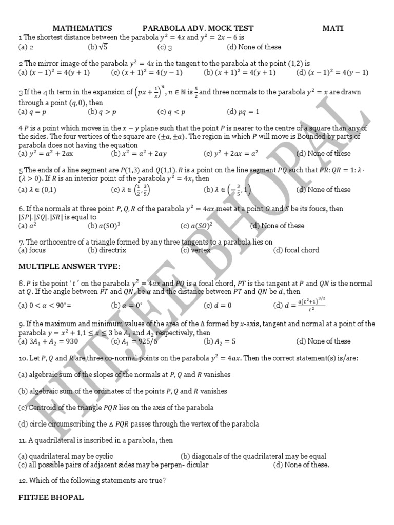 Parabola Advanced Mock Test PDF | PDF