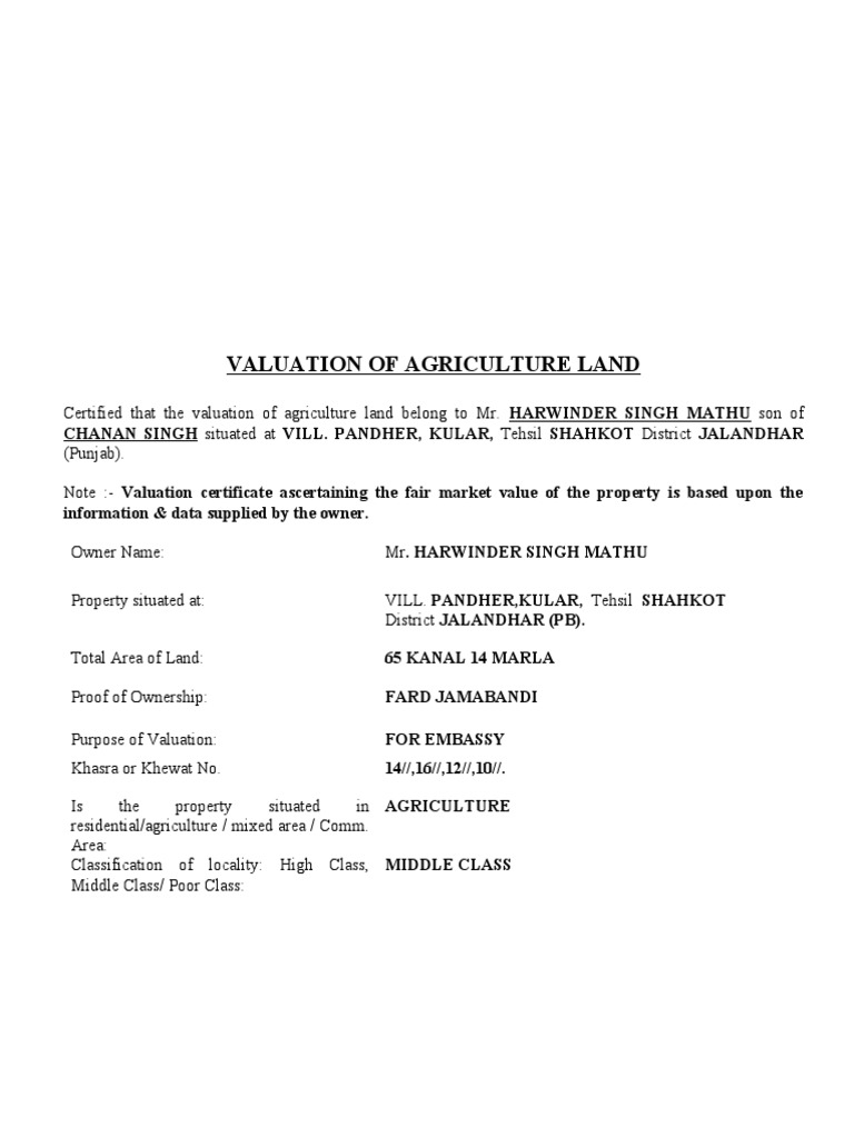 Agriculture Land Valuation Certificate | PDF