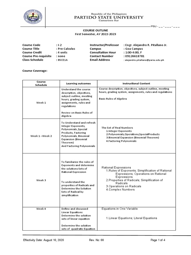 Pre-Calculus Course Outline | PDF | Trigonometric Functions | Equations