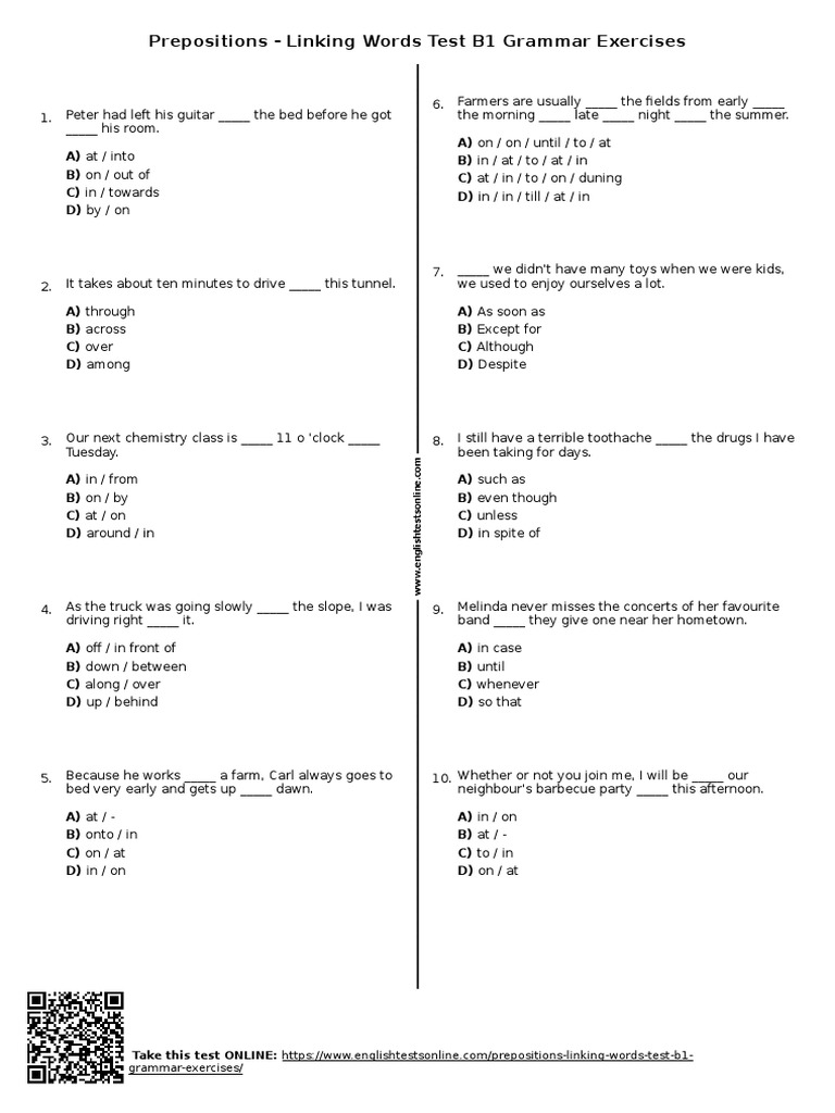 499 - Prepositions Linking Words Test b1 Grammar Exercises | PDF