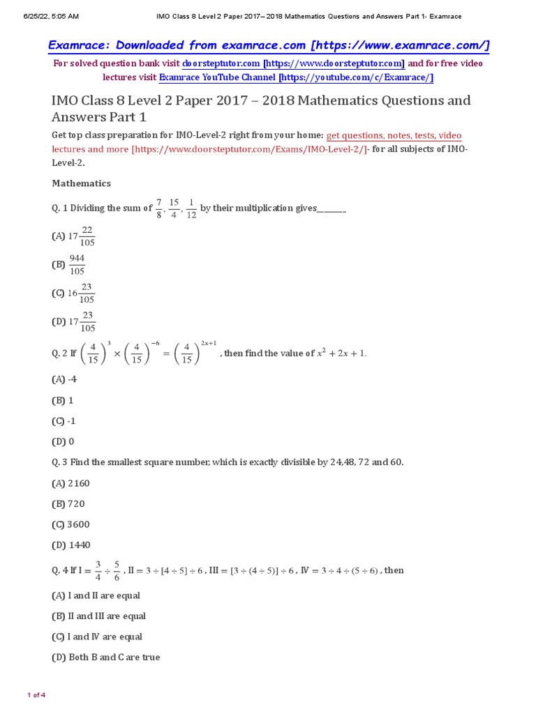 2017-2018 Class 8 Maths Question Paper | PDF | Mathematics | Arithmetic