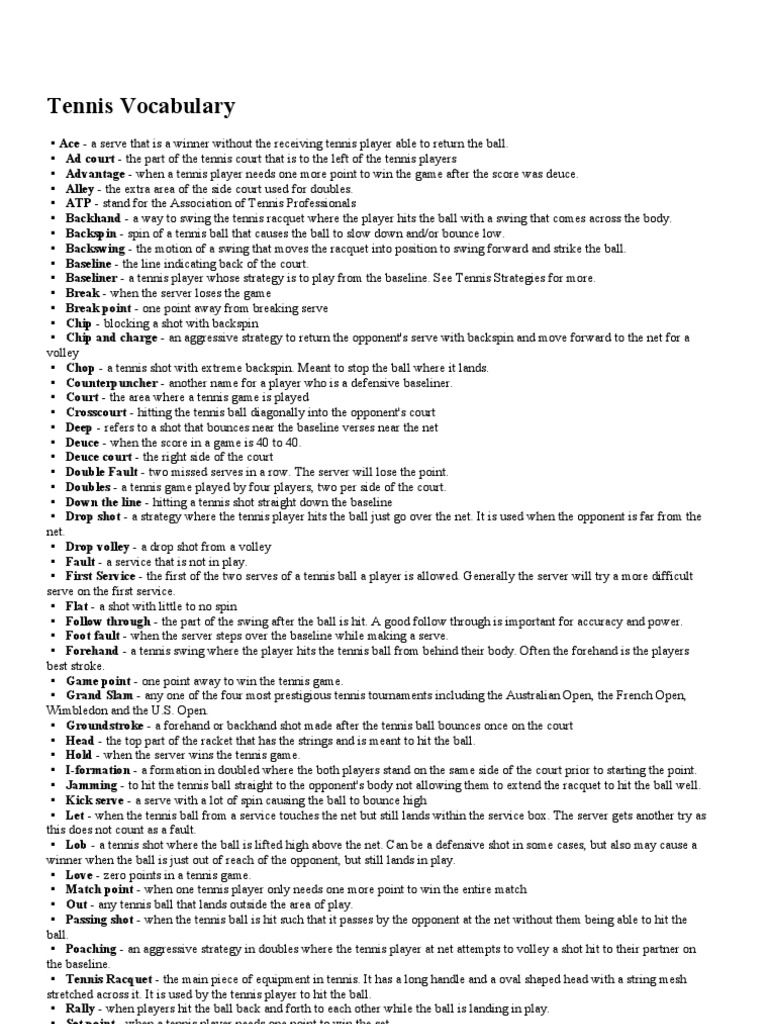 Tennis Vocabulary Guide | PDF | Leisure | Racquet Sports