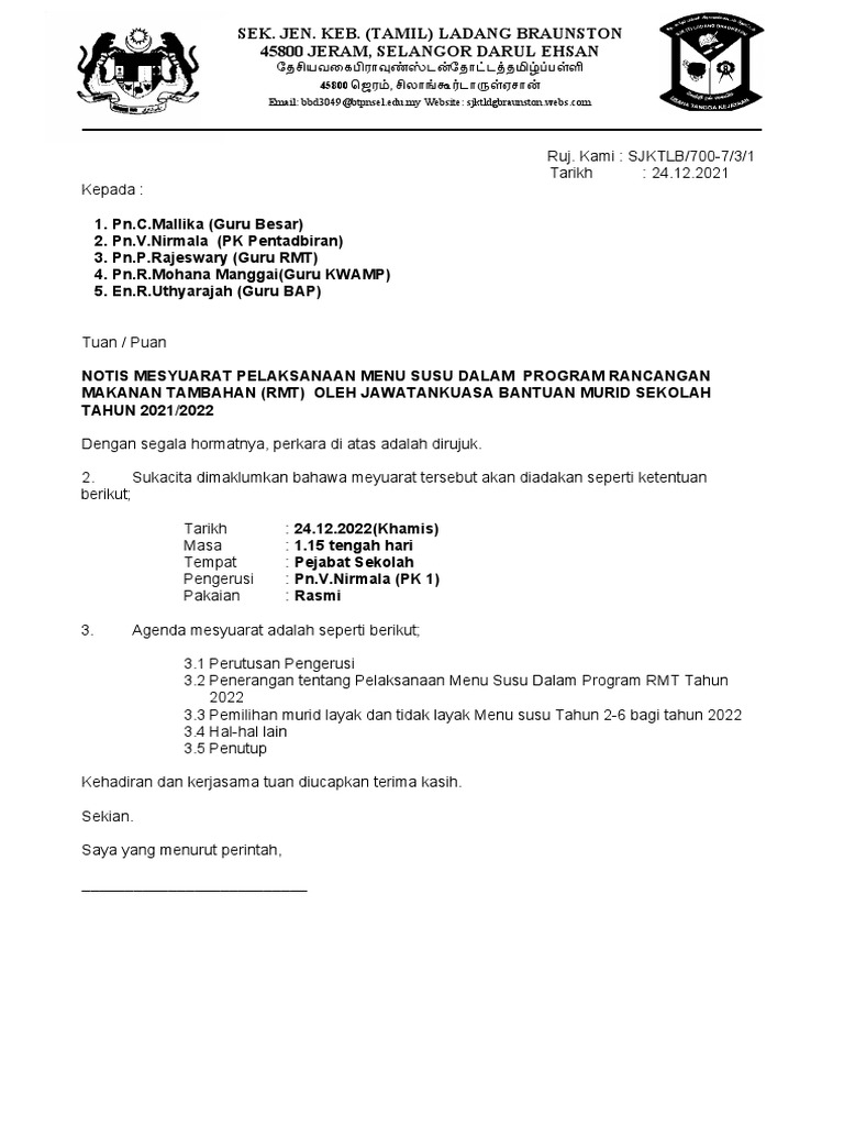 Notis Mesyuarat Perluasan Program RMT 2022 | PDF