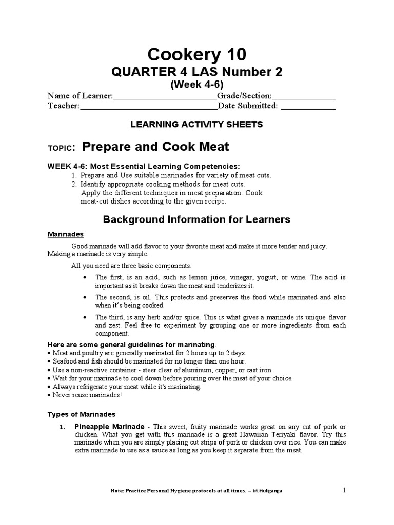COOKERY 10 Quarter 4 LAS Number 2 Weeks 4,5,6 | PDF | Grilling | Cooking