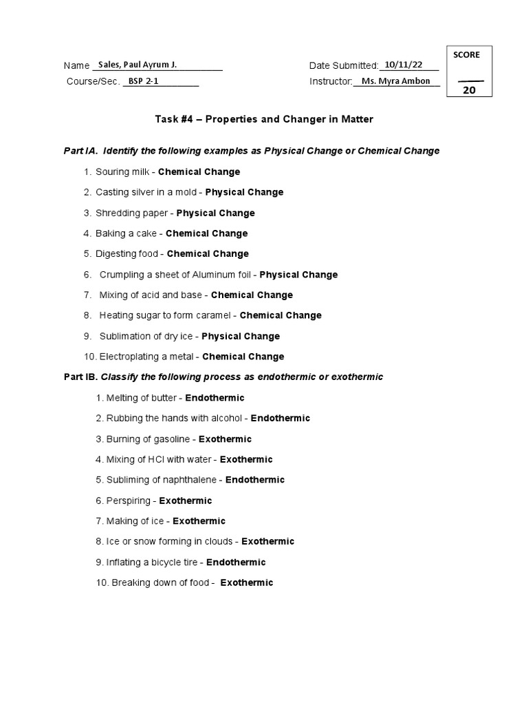 Task #4 - Properties and Changes in Matter | PDF | Mole (Unit ...