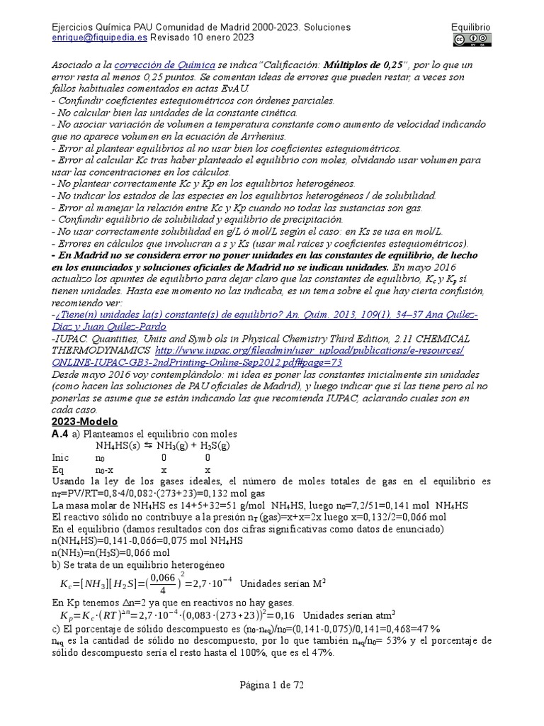 Q5 PAU Equilibrio Soluc | PDF | Equilibrio químico | Velocidad de reacción
