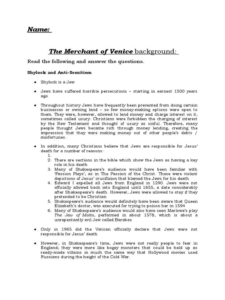 The-Merchant-of-Venice-background And-Questions | PDF | Shylock | Venice