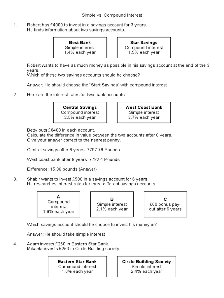 Simple Vs Compound Interest Worksheet | PDF