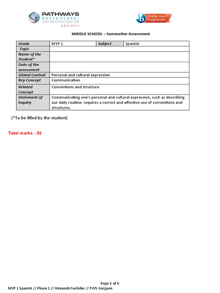 MYP 1 Summative CR A and D Question Paper | PDF