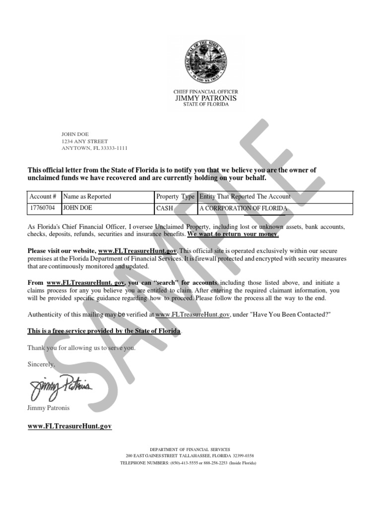 Unclaimed Property Letter Example | PDF