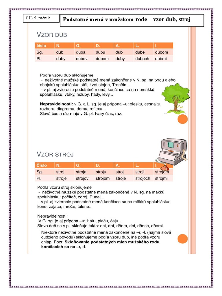 Podstatné Mená V Mužskom Rode - Vzor Dub, Stroj: SJL 5. Ročník | PDF
