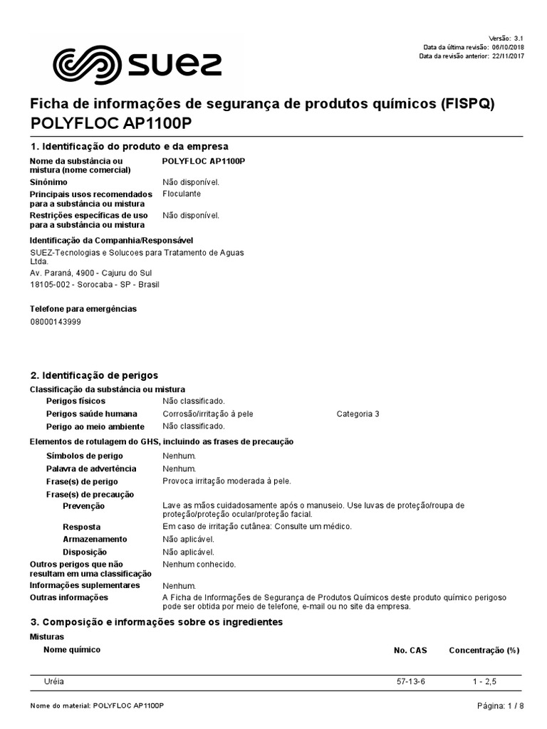 FISPQ - Polímero Aniônico POLYFLOC AP1100P - Suez | PDF | Embalagem e ...