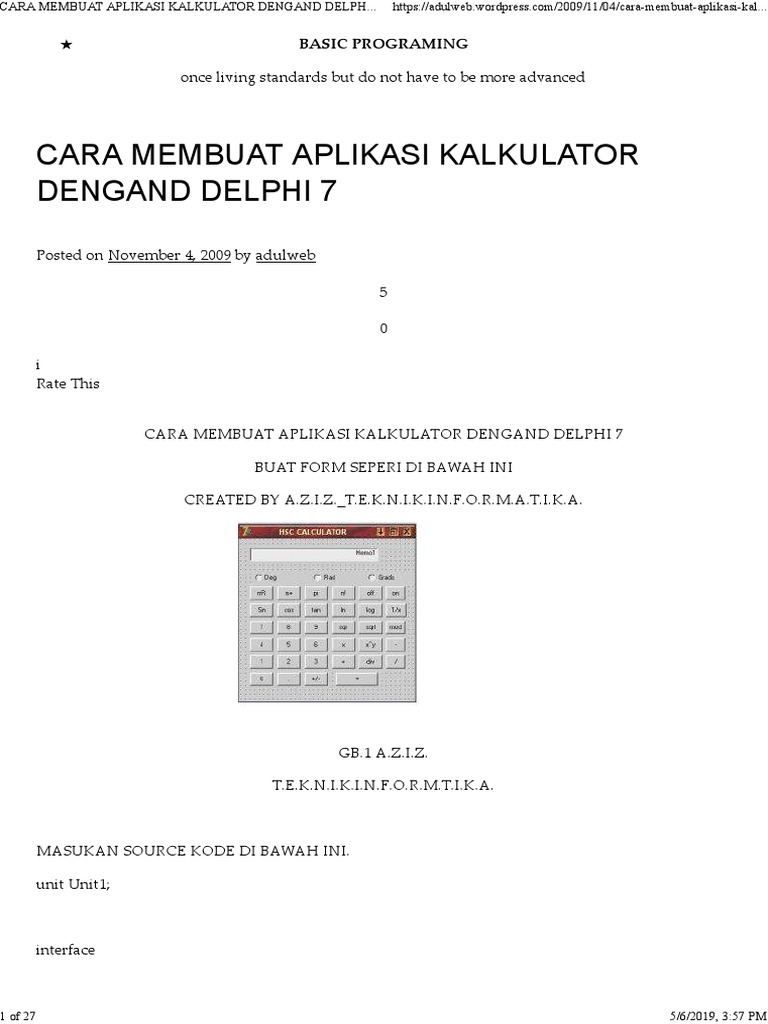 CARA MEMBUAT APLIKASI KALKULATOR DENGAND DELPHI 7 - Basic Programing | PDF | Software ...