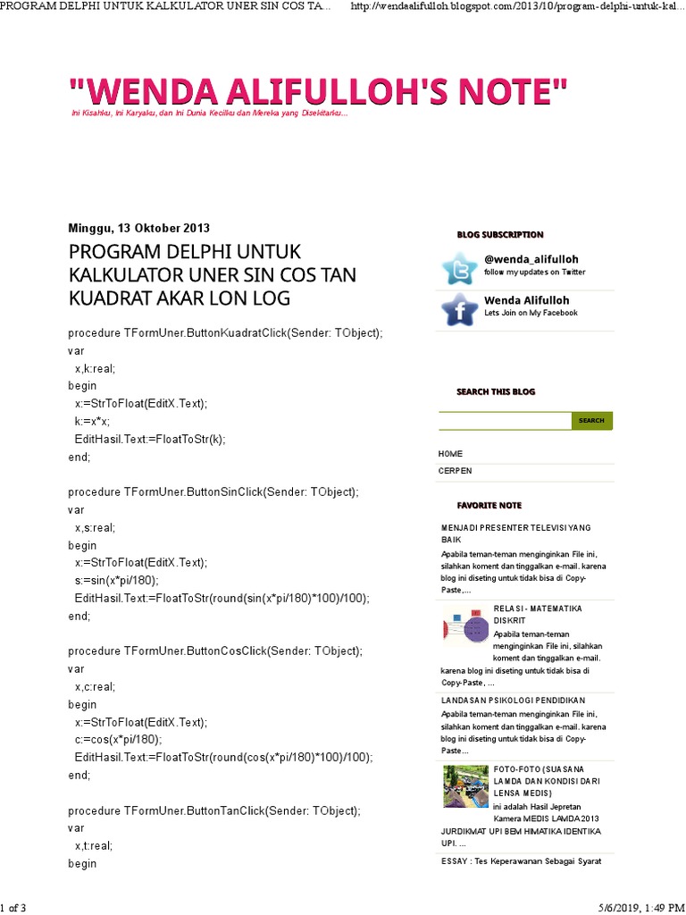 Program Delphi Untuk Kalkulator Uner Sin Cos Tan Kuadrat Akar Lon Log - Wenda Alifulloh's Note | PDF