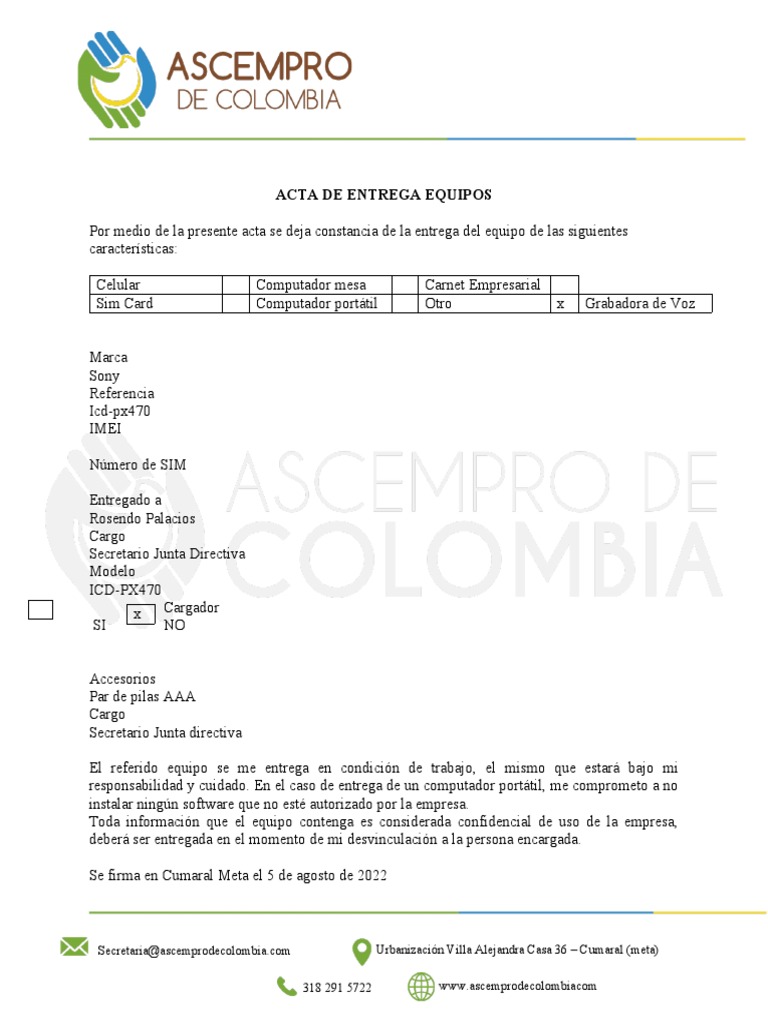 Formato Acta de Entrega Equipos | PDF