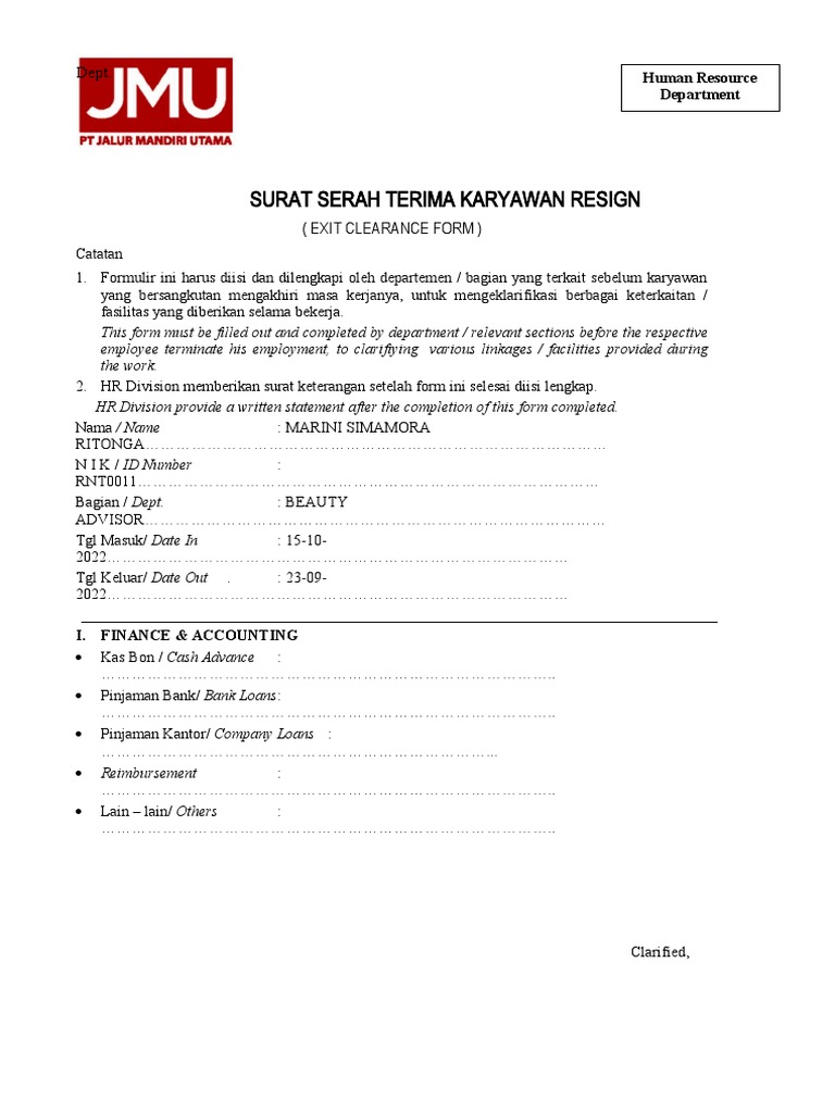 (PHK) Form Clerance Exit JMU (Form Resign) | PDF