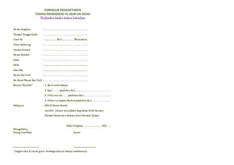 FORMULIR PENDAFTARAN TPA Warna A4 | PDF