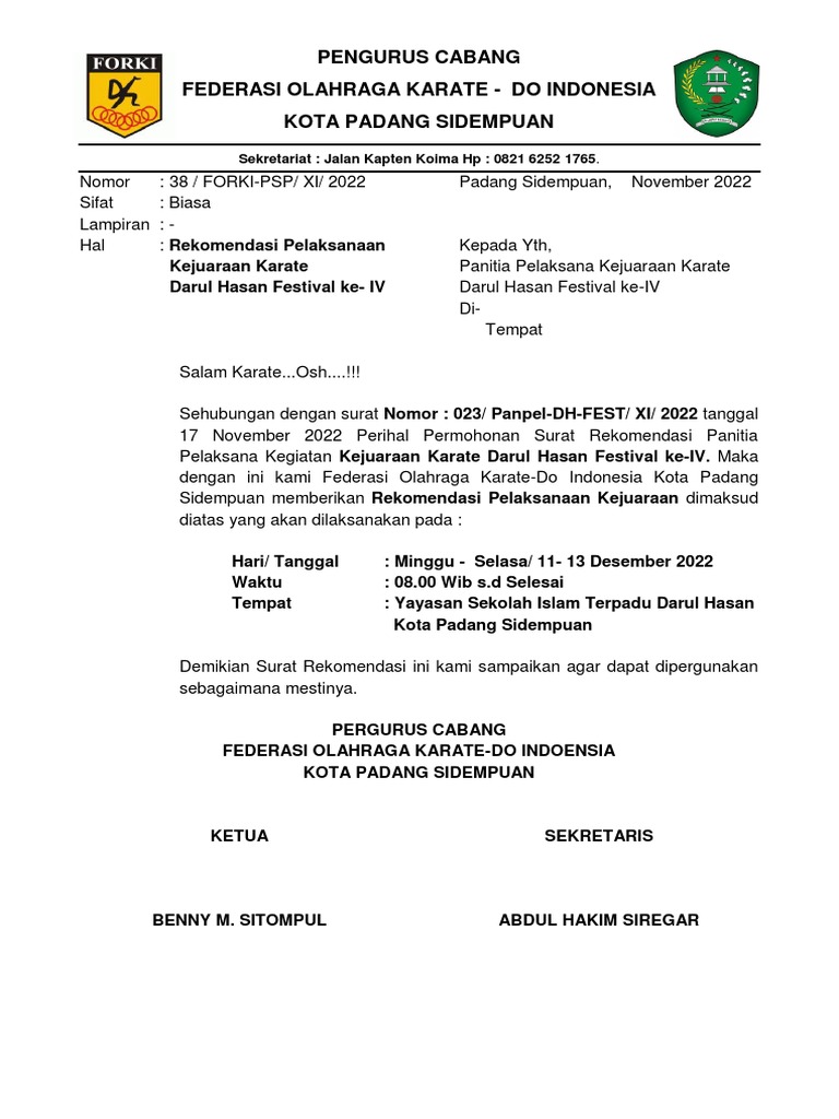 Surat Rekomendasi Kejuaraan Karate DH-FEST | PDF