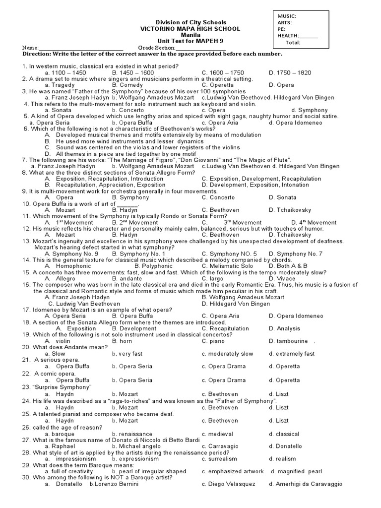MAPEH 9 Unit Test: Music & Arts Quiz | PDF | Recreational Drug Use ...