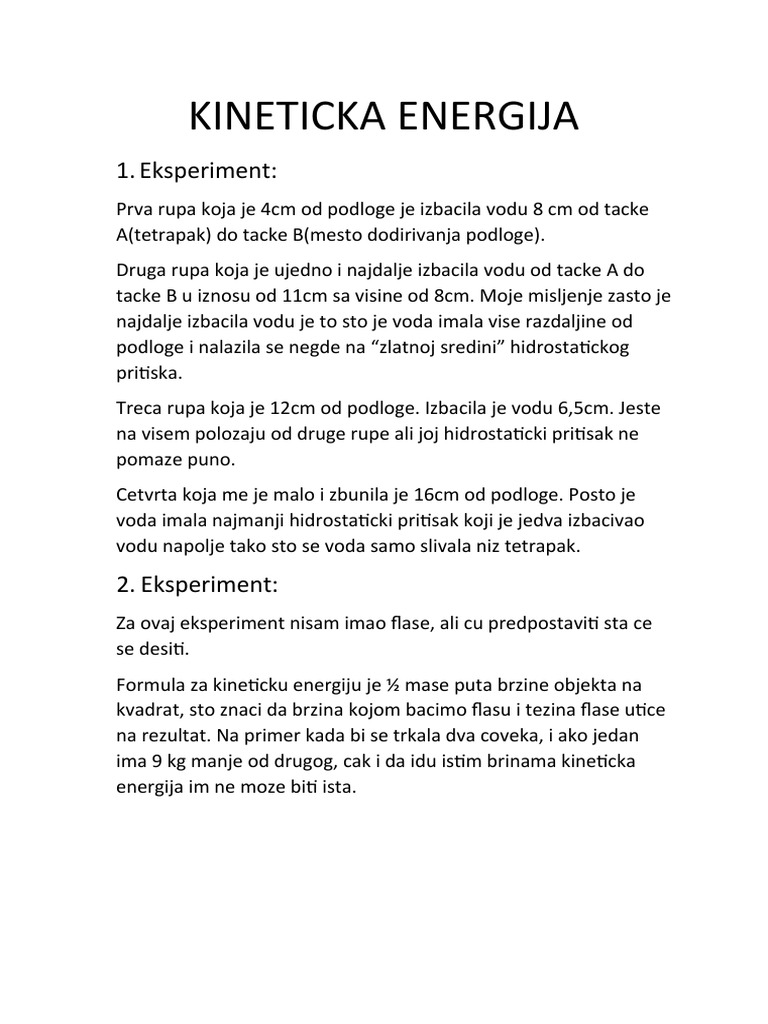 Kineticka Energija: 1. Eksperiment | PDF