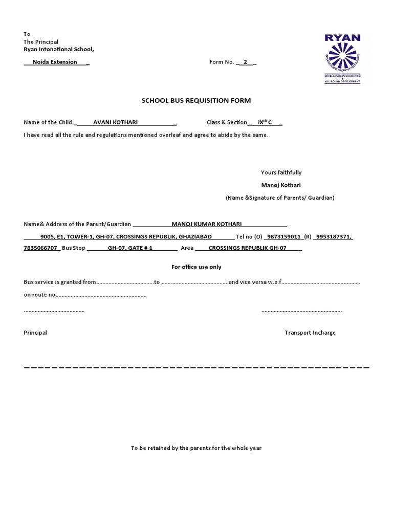 School Transport Form | PDF | Fee | Bus