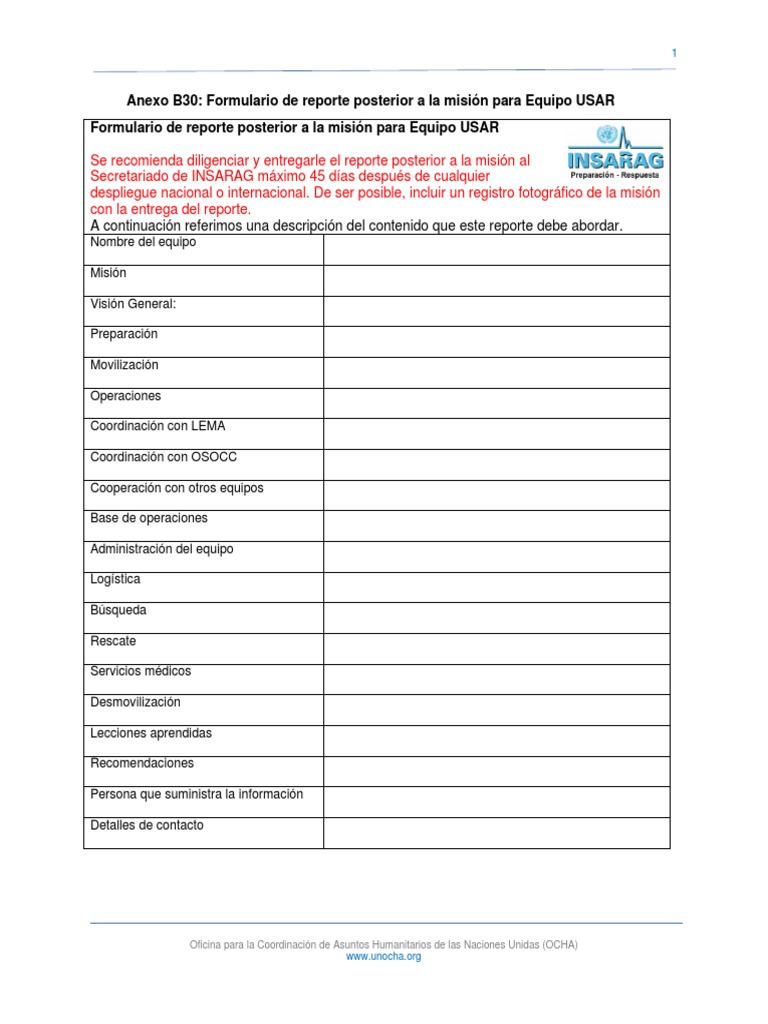INSARAG Guidelines Vol 3, Annex B30 USAR Team Post-Mission Report Form ...