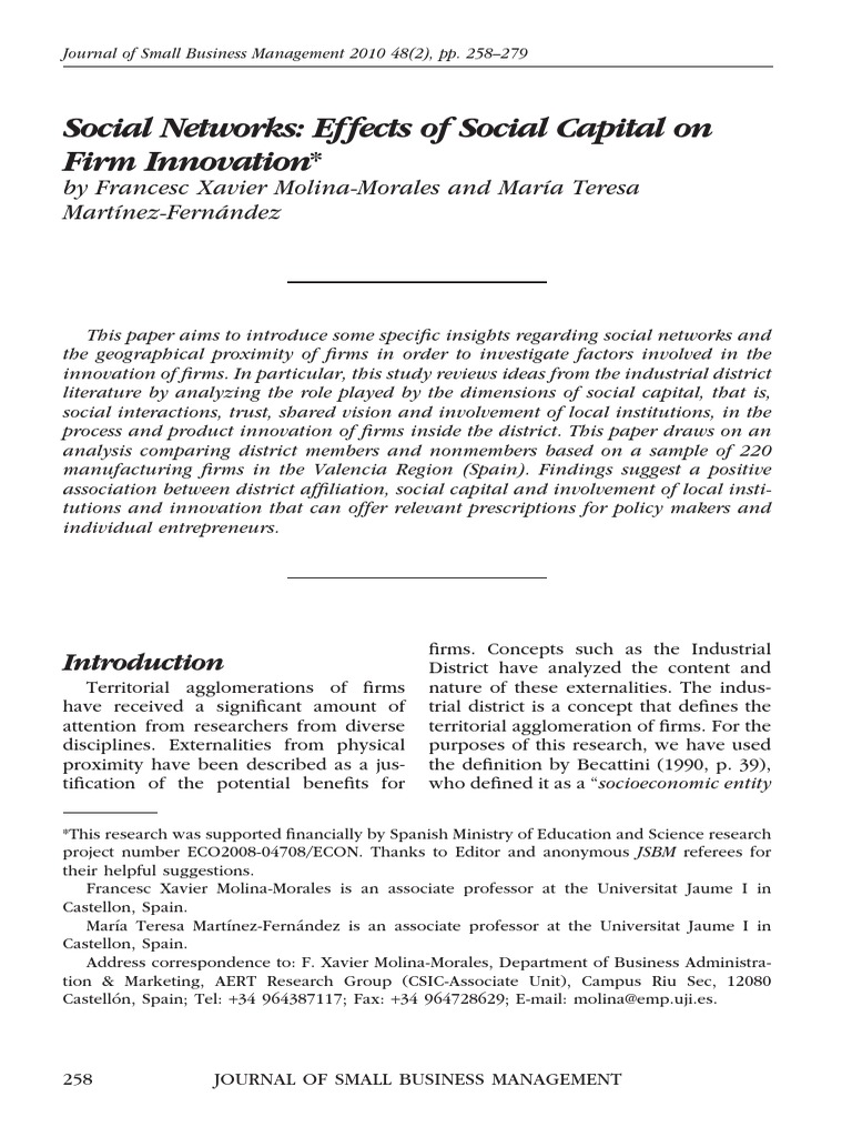 Social Capitan On Firm Innovation Molina Morales2010 Pdf Social
