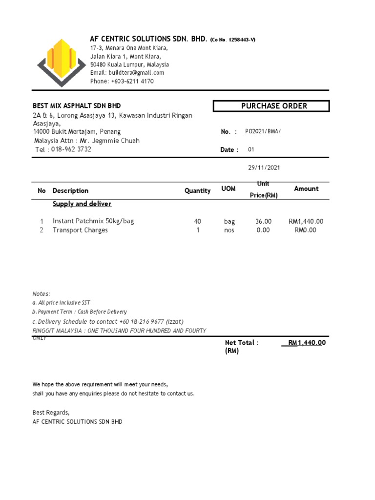 PO Cold Premix (Contoh) | PDF